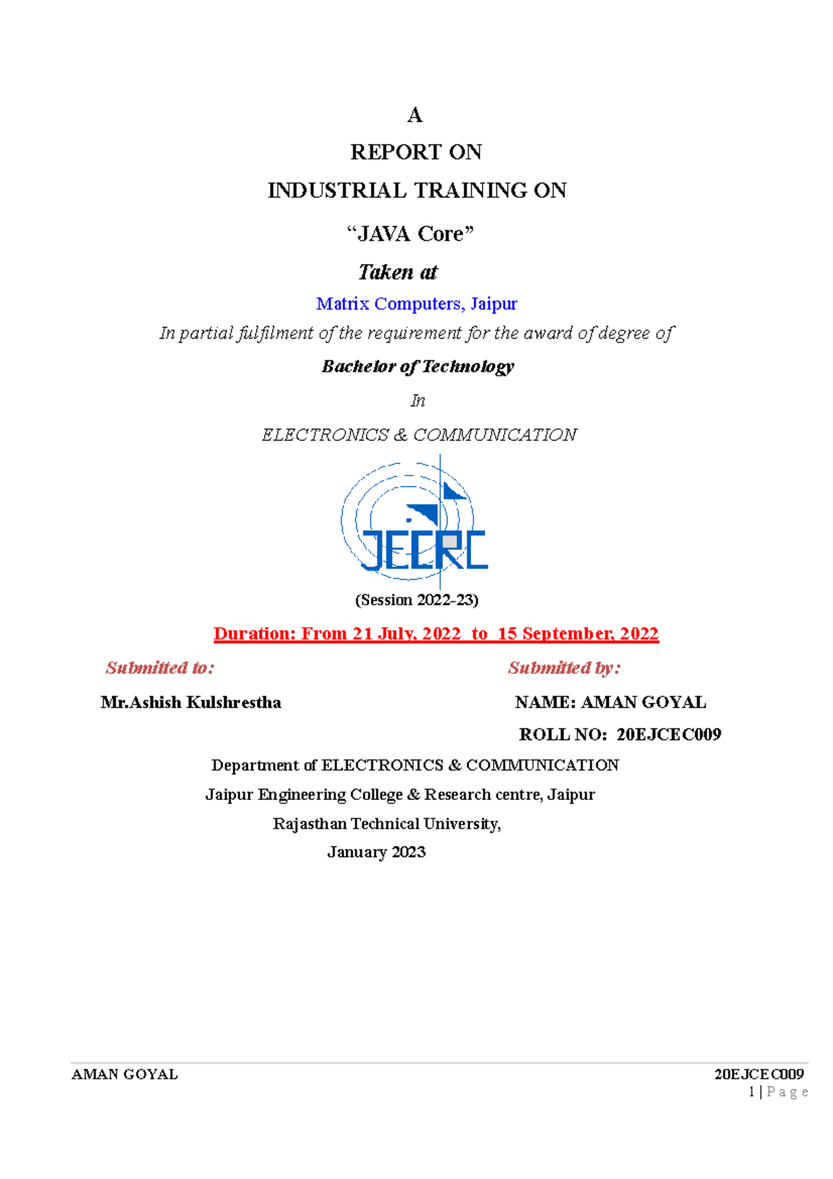 Aman Industrial Training Report Or Core Java A Report On Industrial Training On “java Core