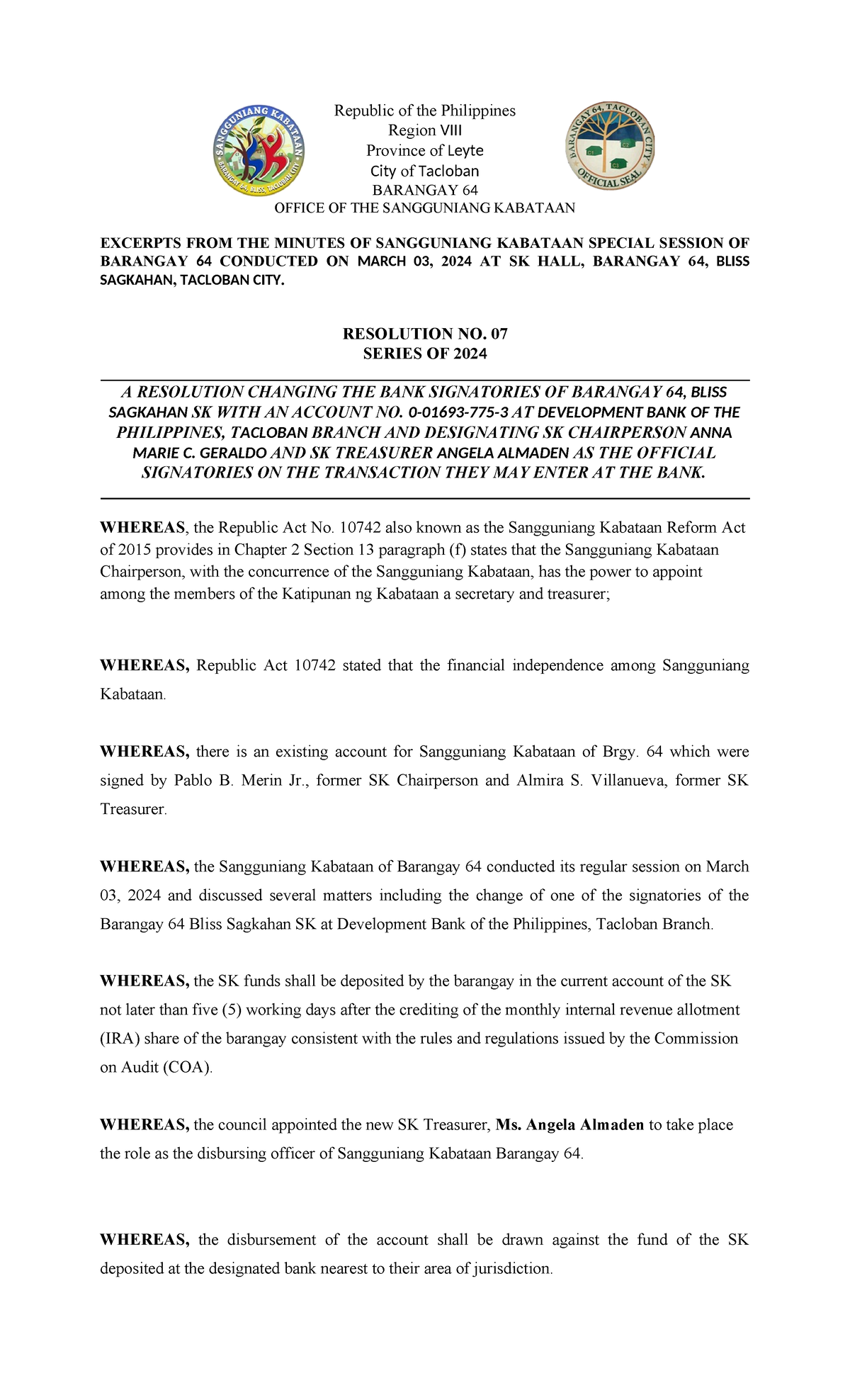 Change-Signatories-Resolution 7 - Republic of the Philippines Region ...