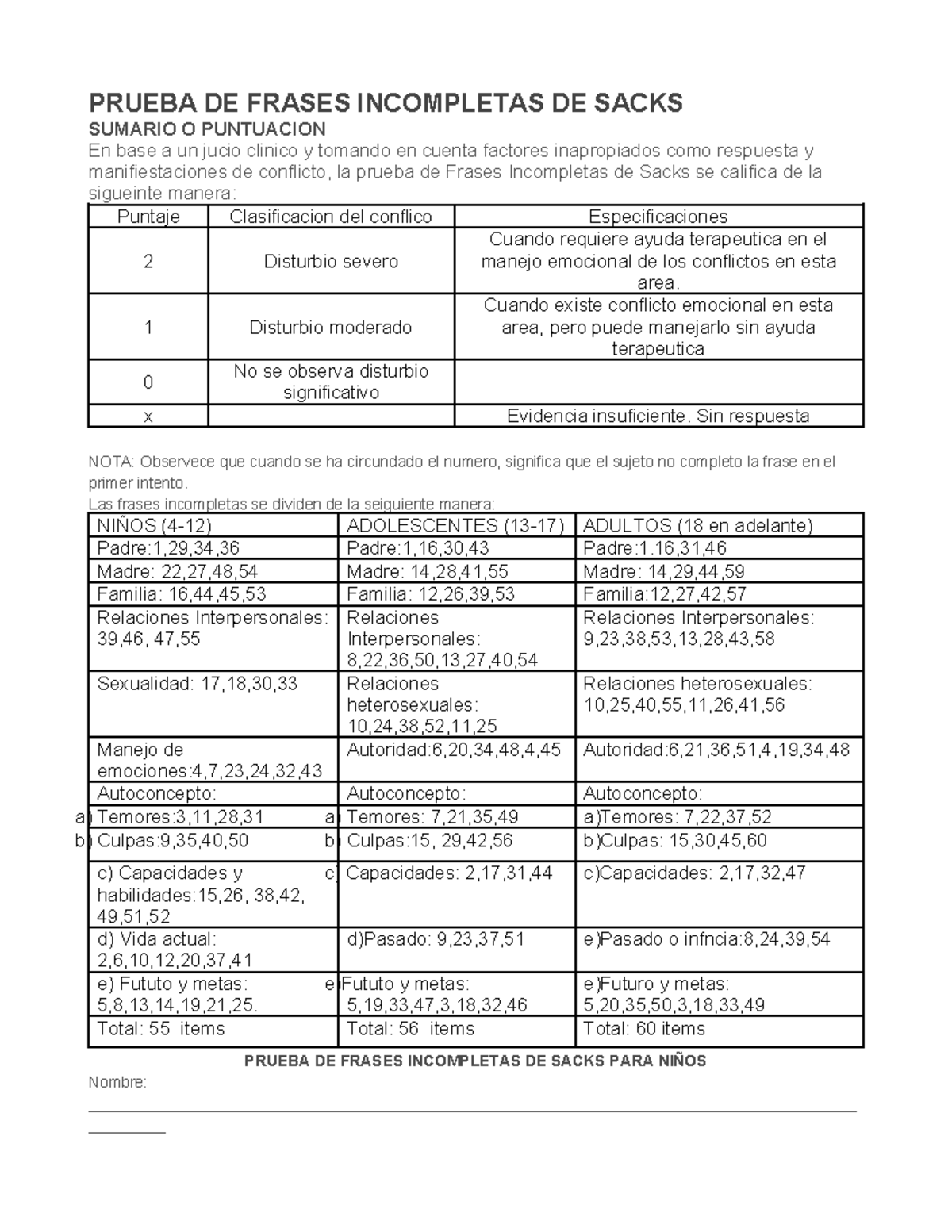 Prueba DE Frases Incompletas DE Sacks - PRUEBA DE FRASES INCOMPLETAS DE ...