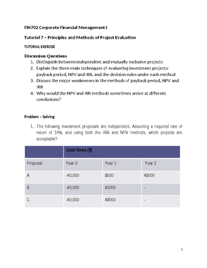 Tutorial 6 Solutions - FIN501 Financial Management Fundamental 1 ...