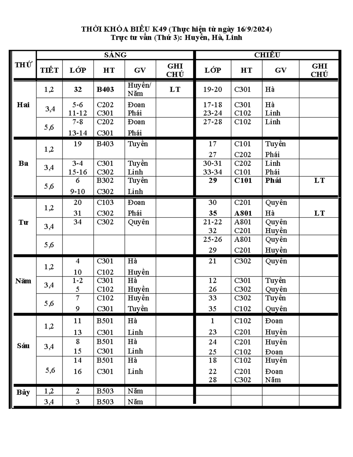 TKB K49 - htnhtdg - THỜI KHÓA BIỂU K49 (Thực hiện từ ngày 16/9/2024) Trực tư vấn (Thứ 3): Huyền ...