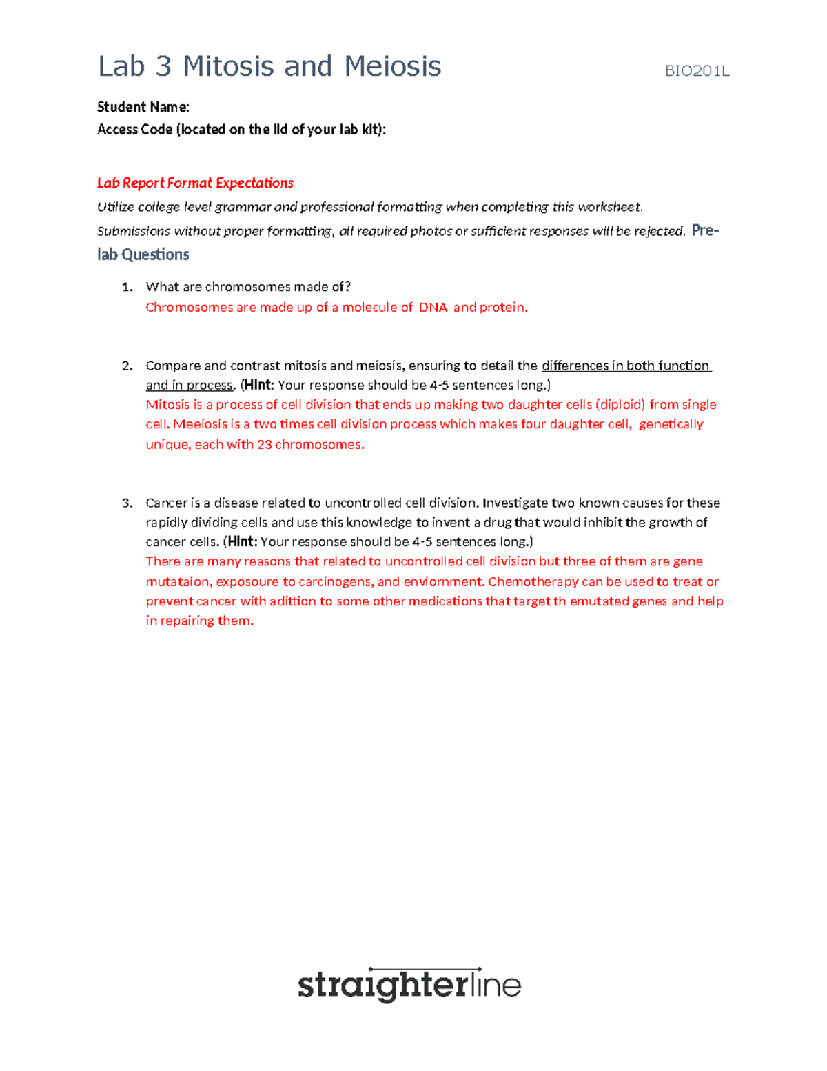 BIO201 Lab 3 (2 - Student Name: Access Code (located on the lid of your lab kit): Lab Report ...