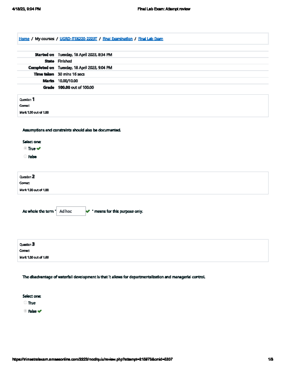 Info management lab - info - 9:04 PM Final Lab Exam: Attempt review Home My courses Final - Studocu