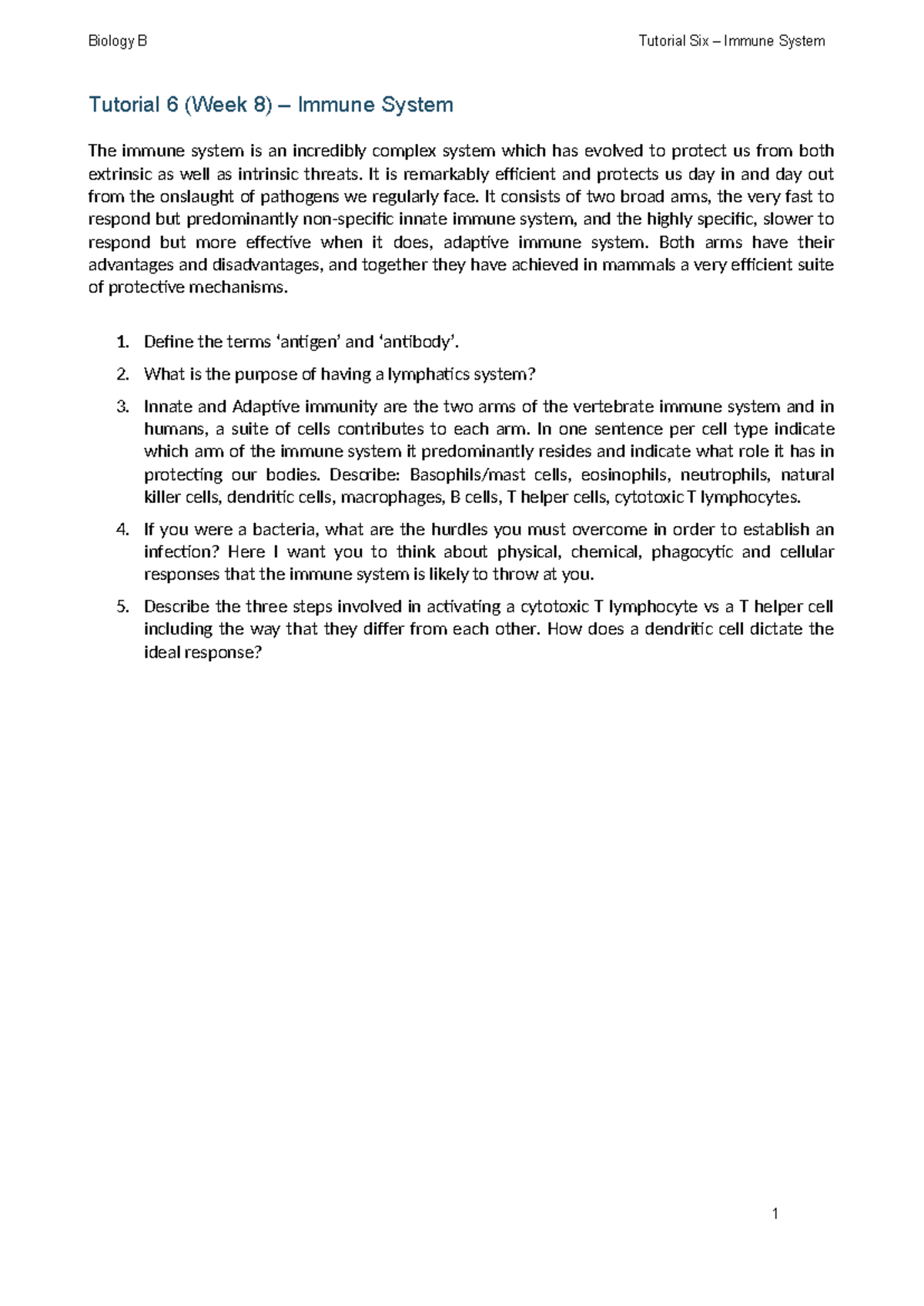 Biology B Week 8 Tutorial - Biology B Tutorial Six – Immune System Tutorial 6 (Week 8) – Immune ...