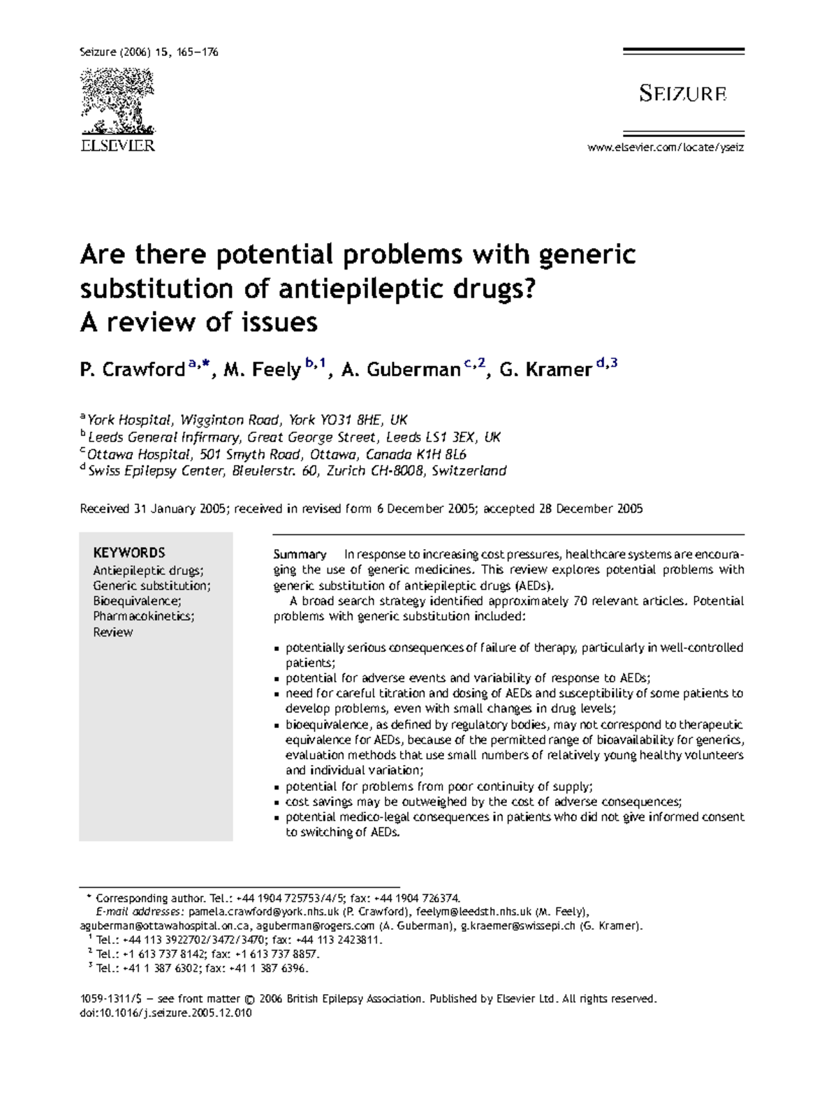 2005 . Crawford. Potential problems of generic AED - Are there ...
