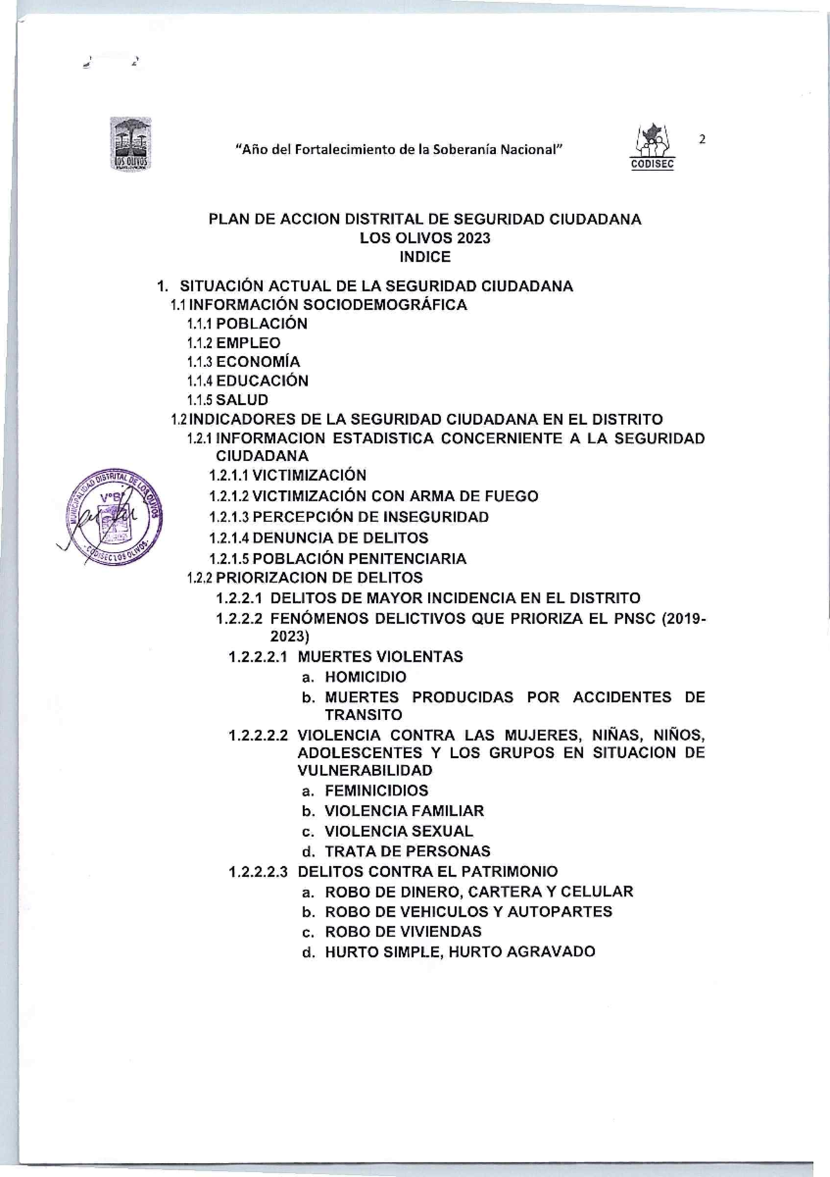 PLAN DE Accion Distrital DE Seguridad Ciudadana LOS Olivos 2023 ...