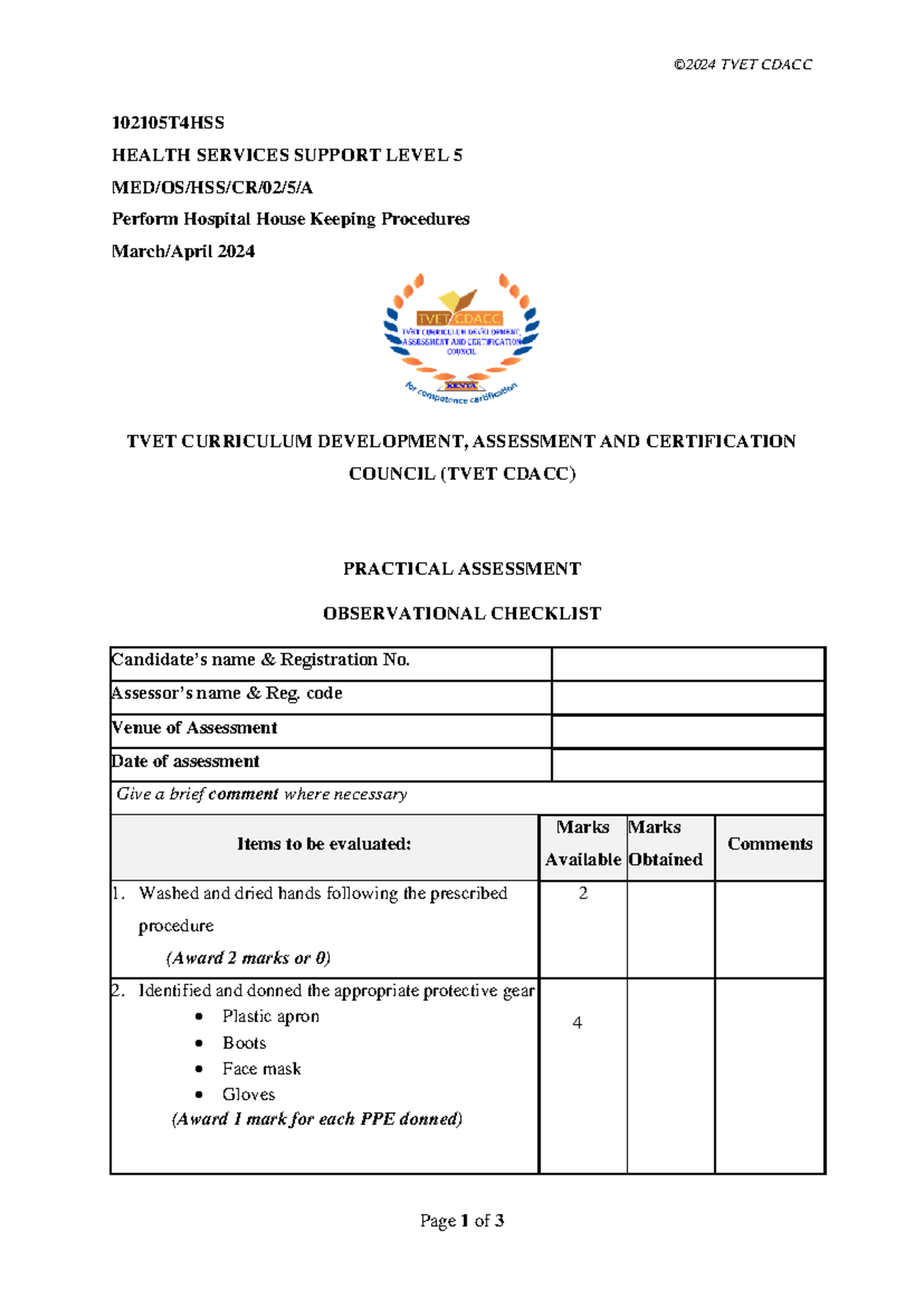 HSS Level 5 Observation Checklist Perform Hospital Housekeeping hss-level-5-observation-checklist-perform-hospital-housekeeping