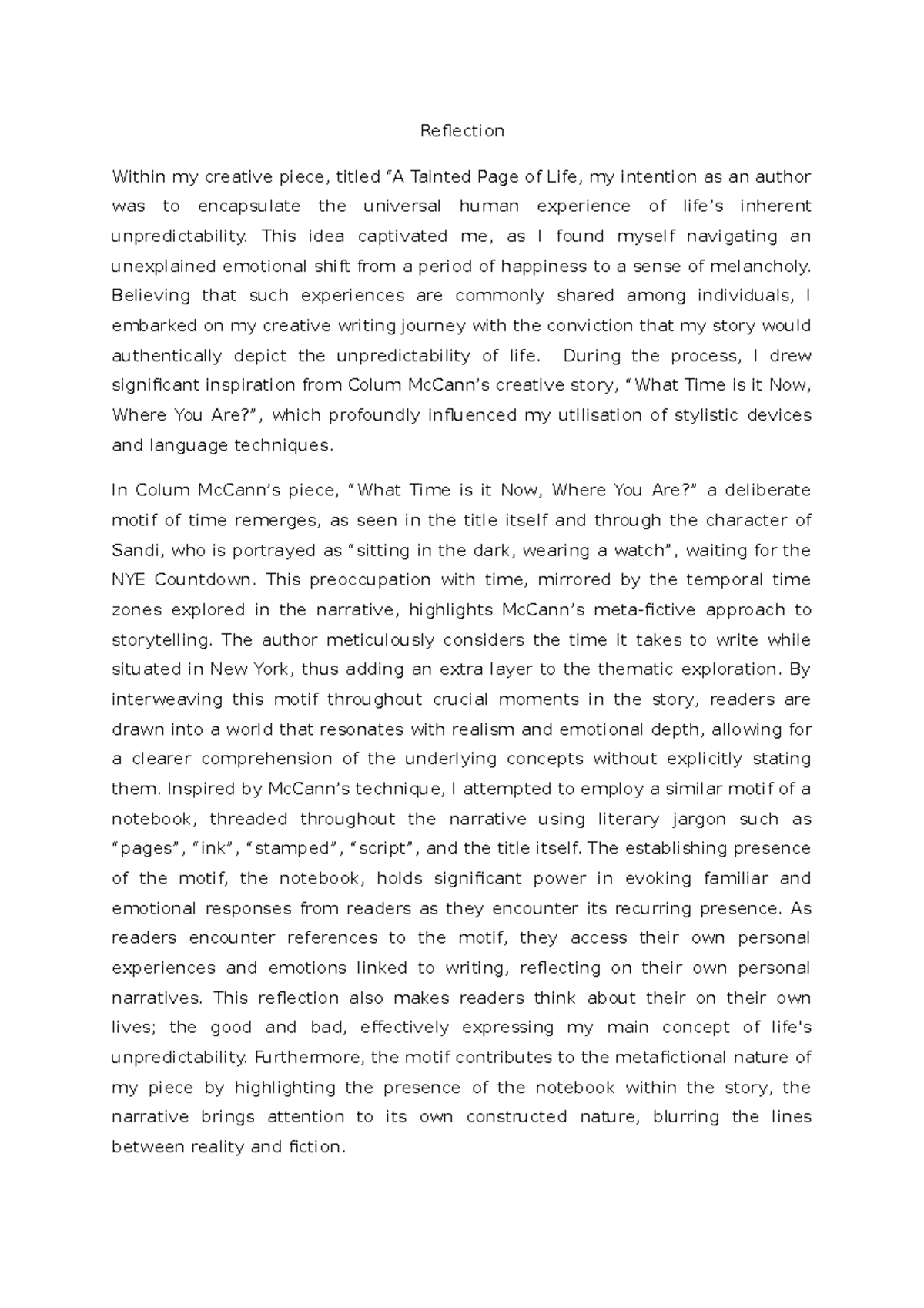 Reflection - Reflection Within my creative piece, titled “A Tainted ...