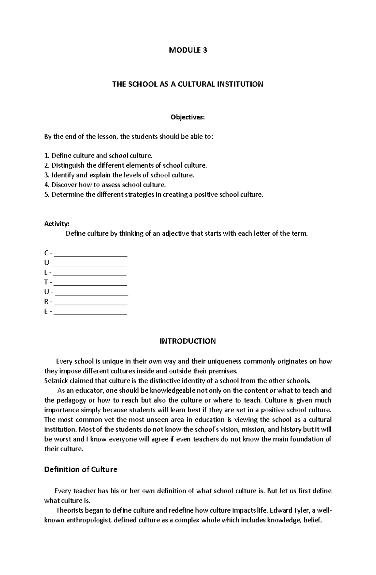 Module 3 the teacher school - MODULE 3 THE SCHOOL AS A CULTURAL ...