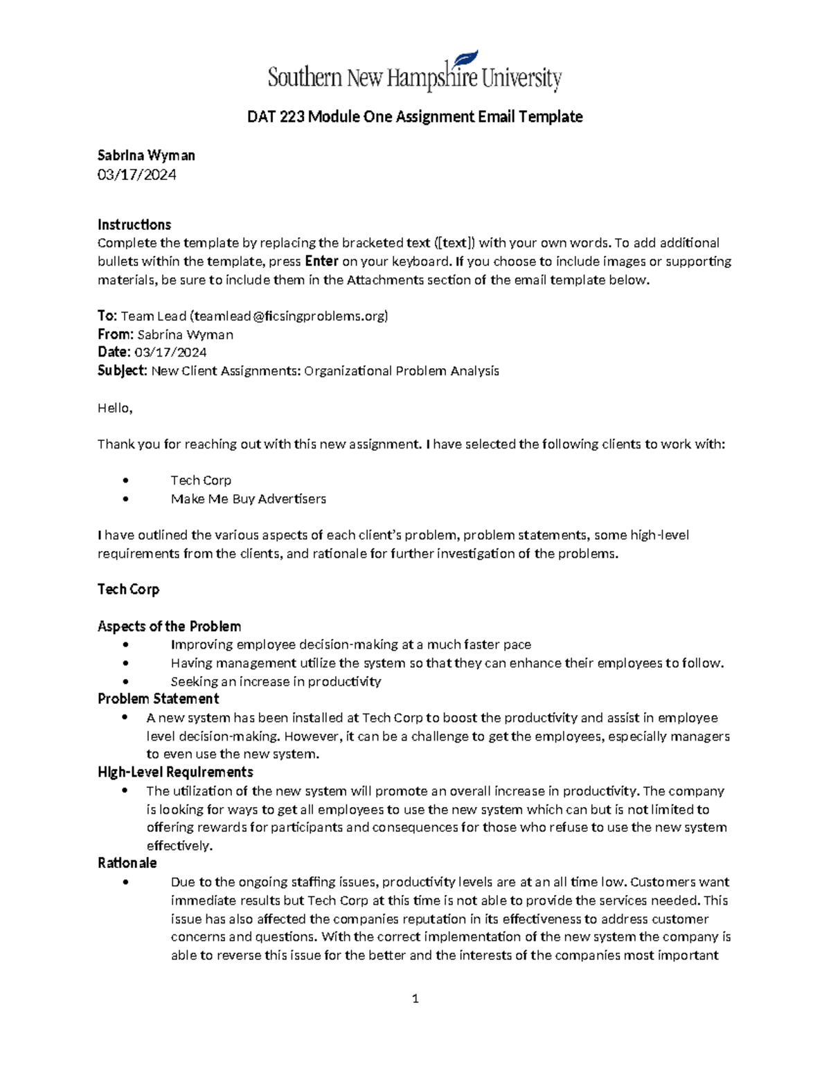 DAT 223 Module ONE Worksheet - DAT 223 Module One Assignment Email ...