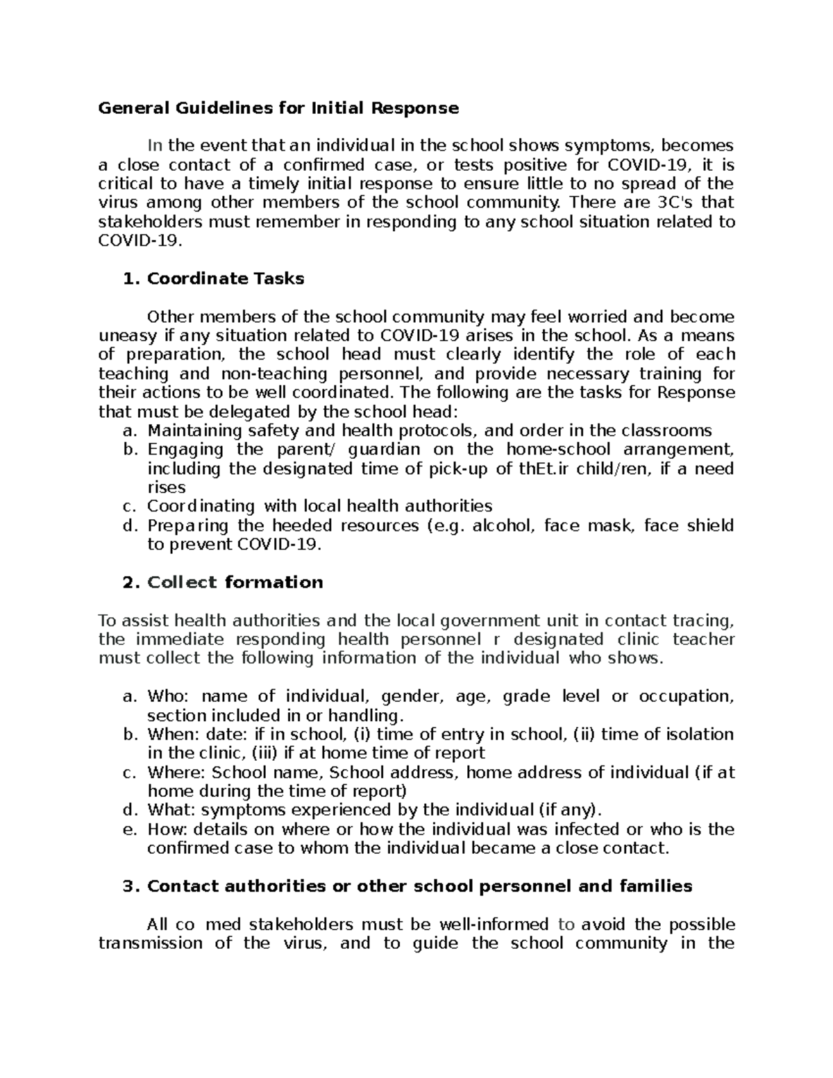 Contingency plan GNHS - General Guidelines for Initial Response In the ...