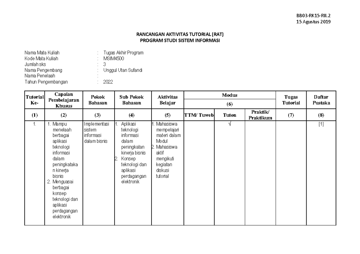 USA MSIM4500 - RAT - Ghj - 15 Agustus 2019 RANCANGAN AKTIVITAS TUTORIAL ...
