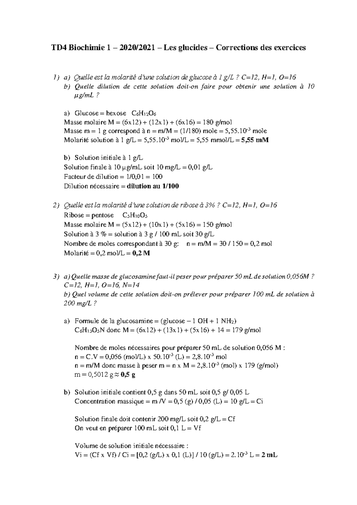 TD5 Biochimie 1 corrections exercices - TD4 Biochimie 1 – 2020/2021 – Les glucides – Corrections ...