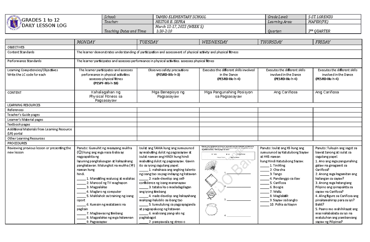 DLL Mapeh-5 Q3 W5 - DLL - GRADES 1 to 12 DAILY LESSON LOG School: TAMBO ELEMENTARY SCHOOL Grade ...