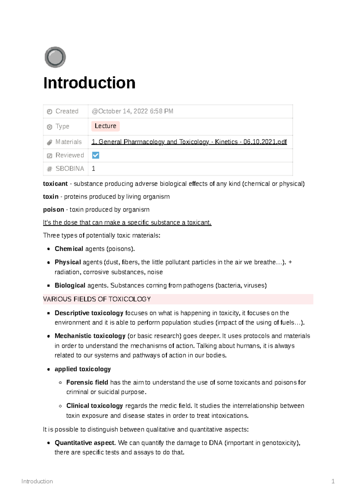 Introduction to pharmacokinetics - Introduction Created Type Lecture Materials 1. General - Studocu