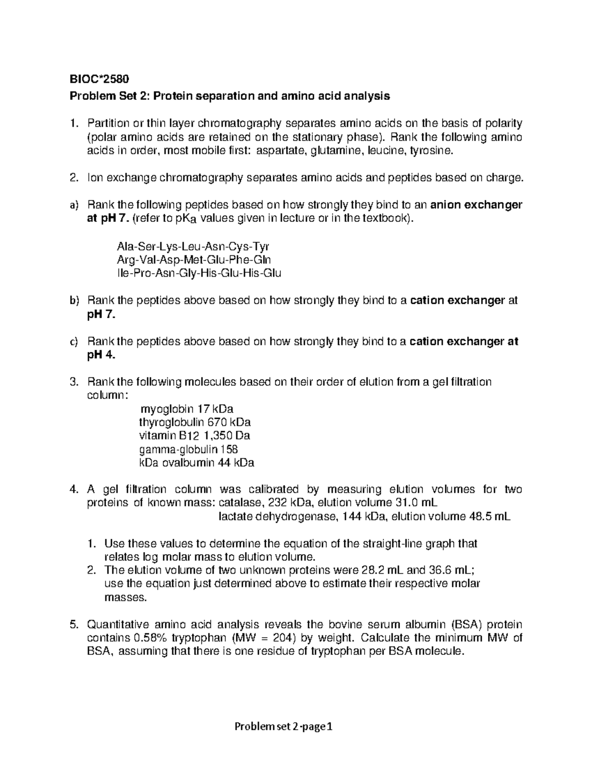 Problem Set 2 - Questions - Problem set 2 - page 1 BIOC* Problem Set 2: Protein separation and ...