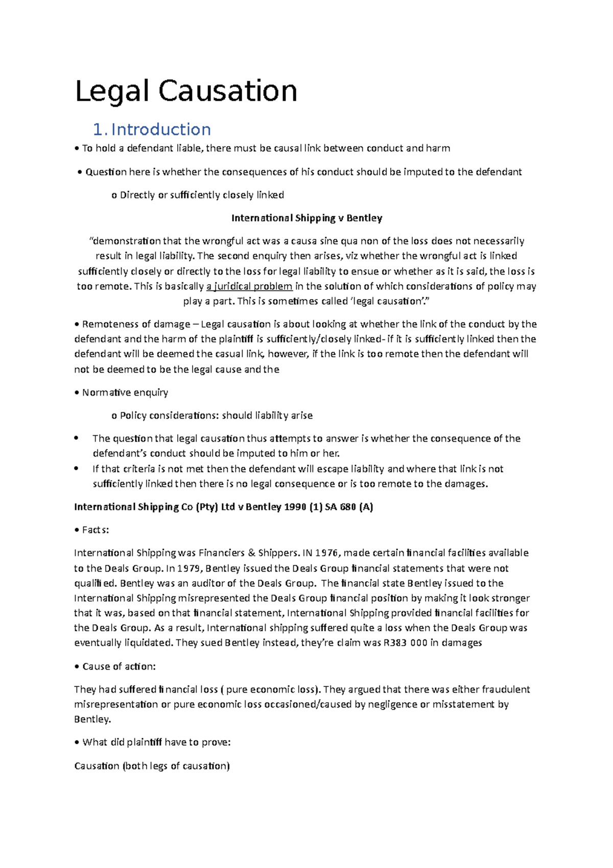 Topic 5 - Legal Causation - Legal Causation 1 To hold a defendant ...