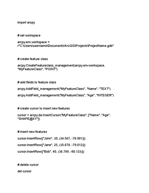 Python Code meeting 2 part 2 Explained - python import arcpy set workspace arcpy.env = - Studocu