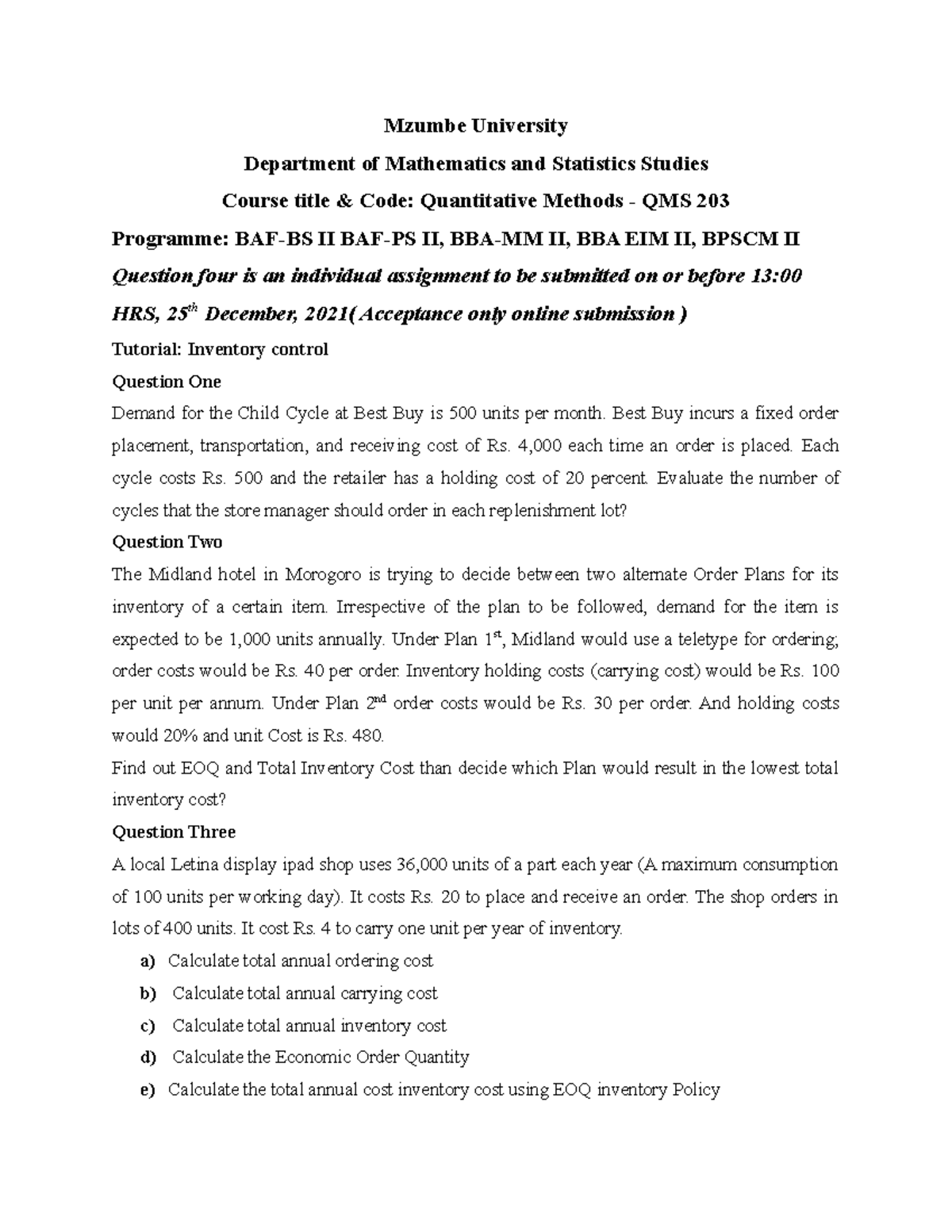 Tutorial inventory - Mzumbe University Department of Mathematics and ...