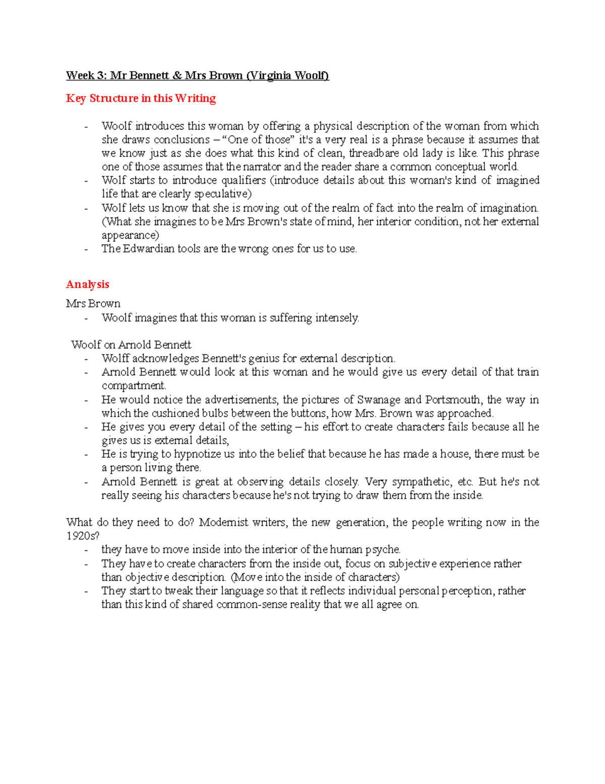 Week 3 (Mr Bennett & Mrs Brown) - Week 3: Mr Bennett & Mrs Brown (Virginia Woolf) Key Structure ...