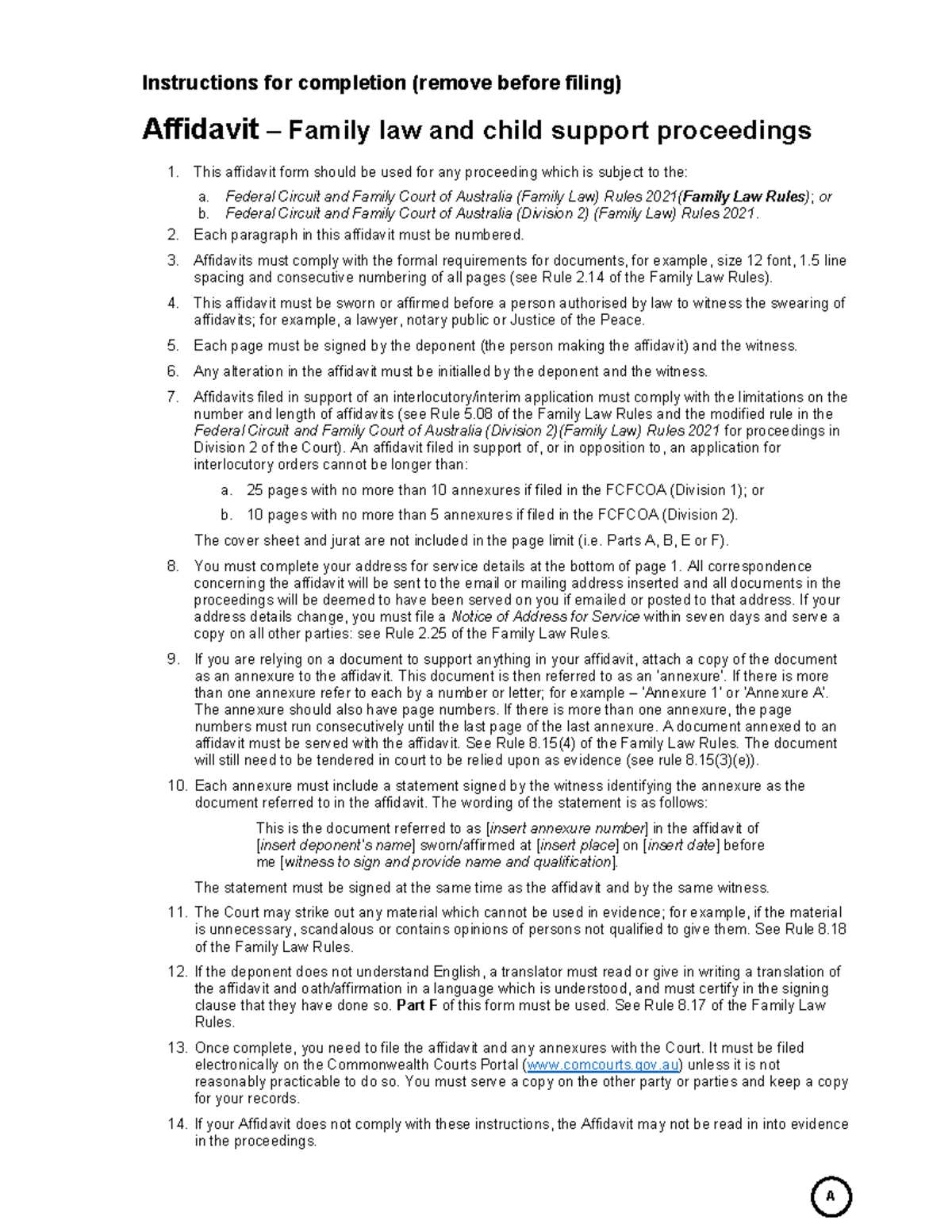 Affidavit Example - Nil - A Instructions for completion (remove before ...