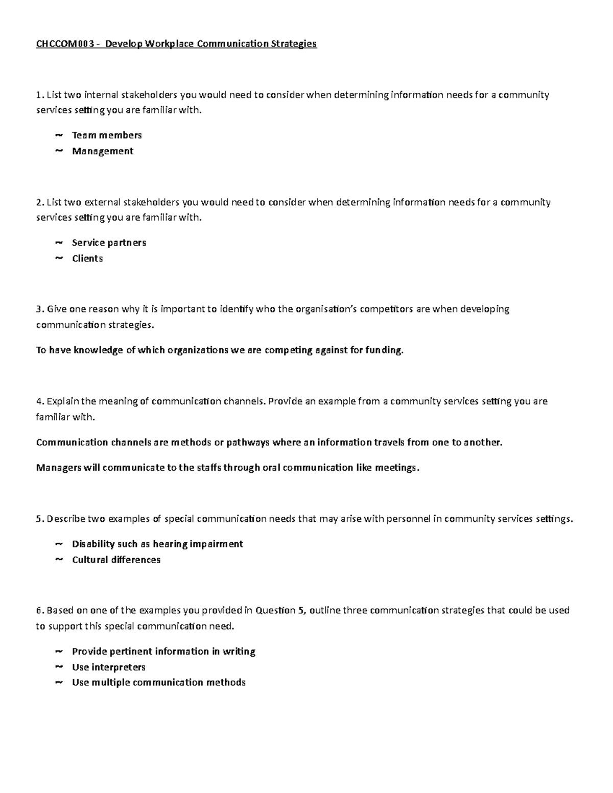 CHCC0m003 aug 4 due - knowledge questions - CHCCOM003 - Develop Workplace Communication ...