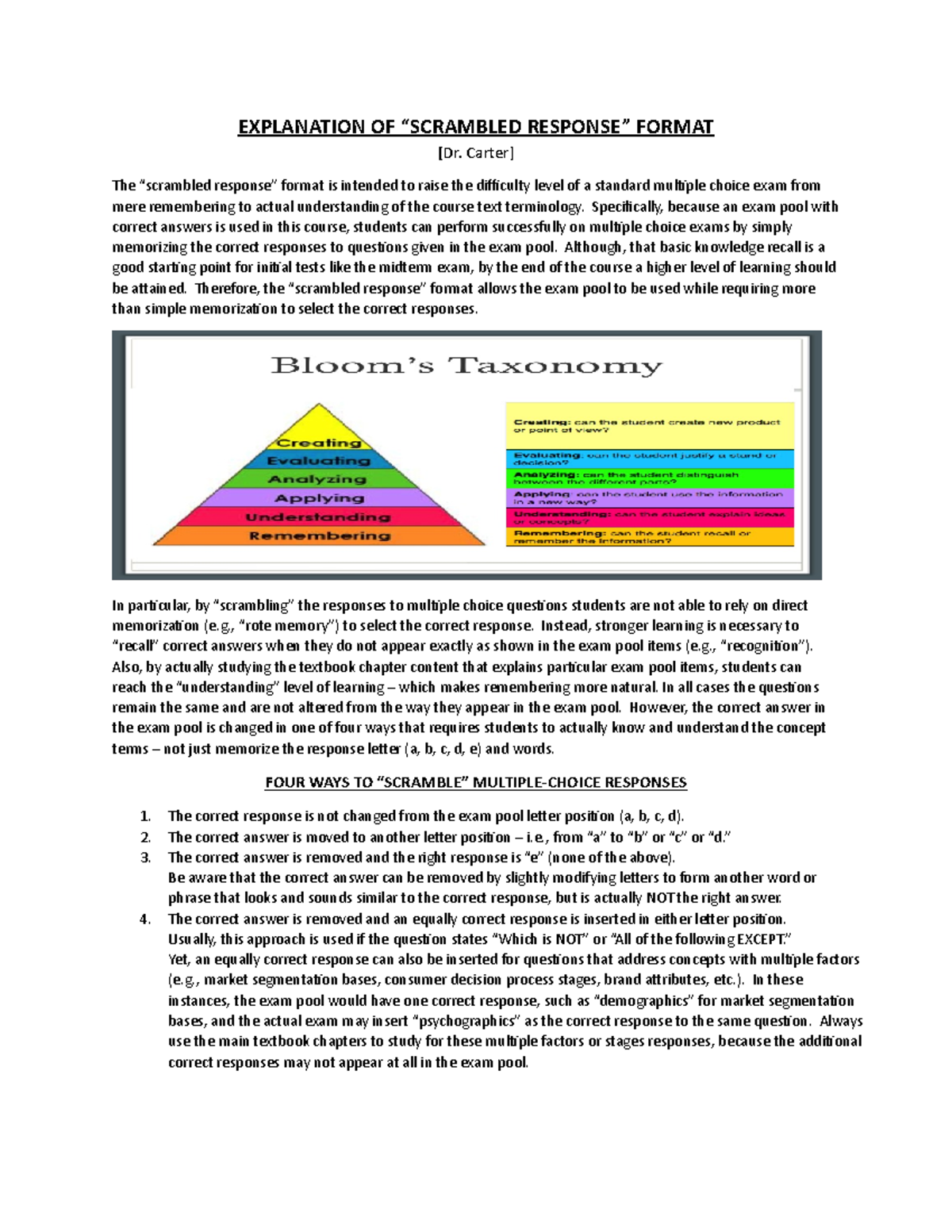 Exam scrambled response - EXPLANATION OF “SCRAMBLED RESPONSE” FORMAT ...