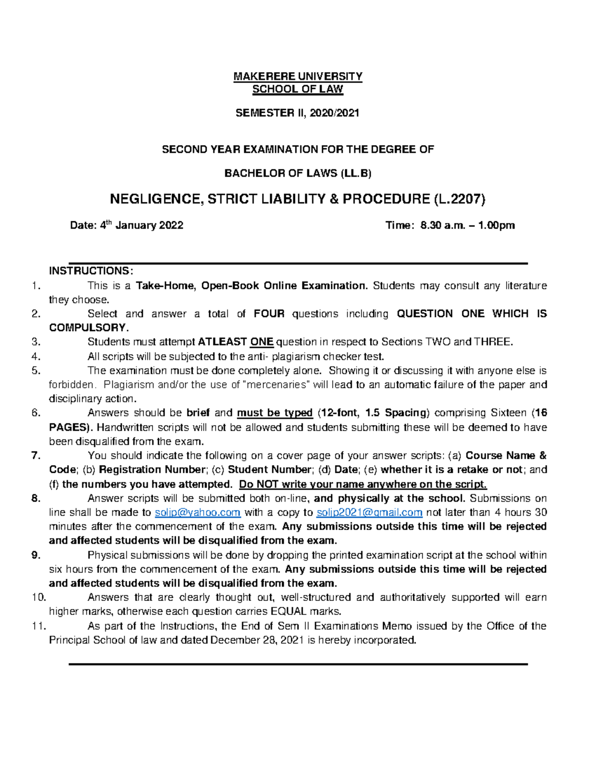 L.2106 - question papers for year 3 - MAKERERE UNIVERSITY SCHOOL OF LAW ...