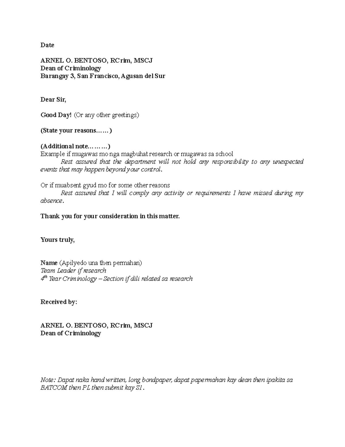 Excuse-Letter-Format - Date ARNEL O. BENTOSO, RCrim, MSCJ Dean of ...