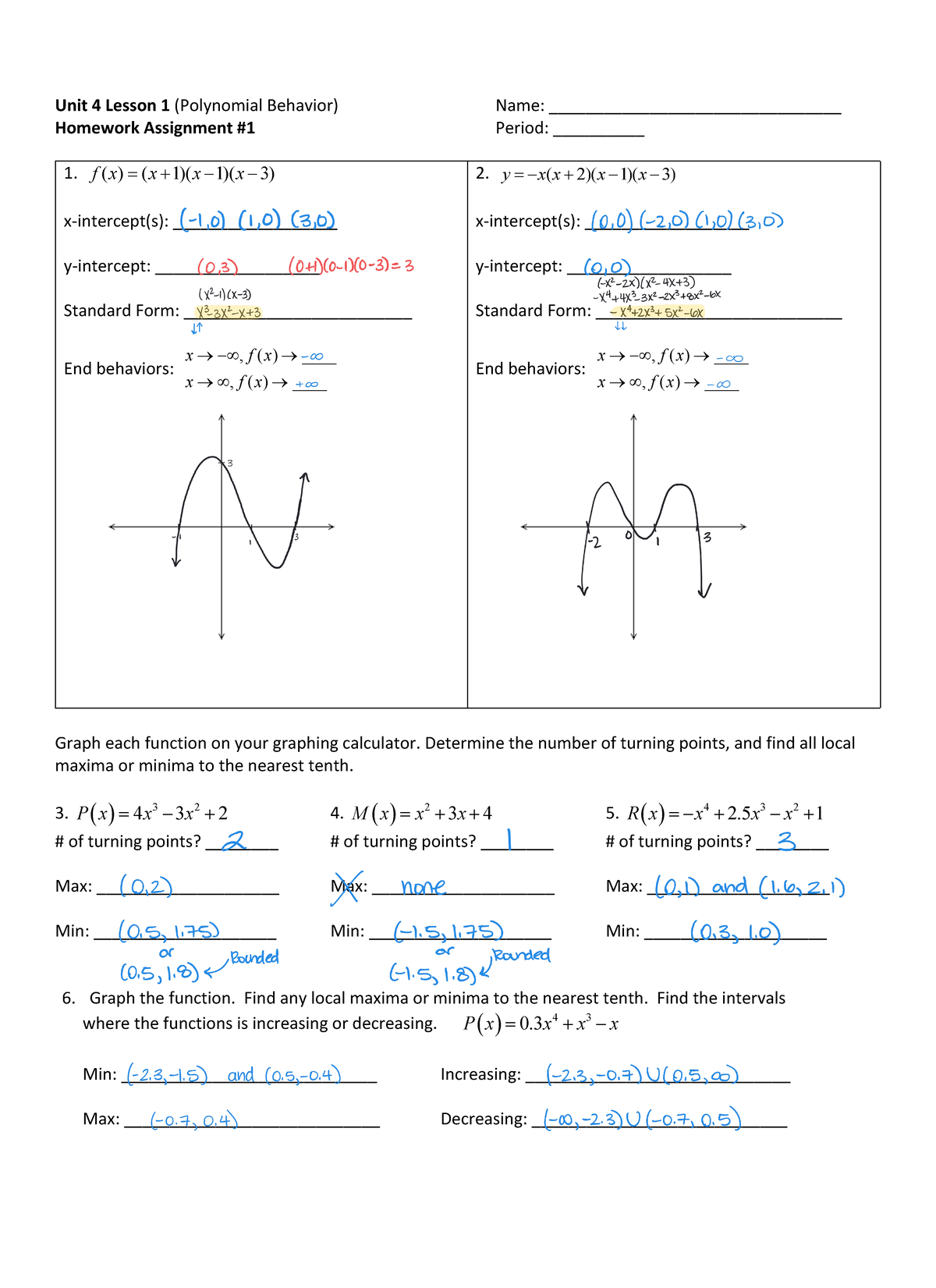 HW Polynomial Behavior KEY - Unit 4 Lesson 1 (Polynomial Behavior) Name ...