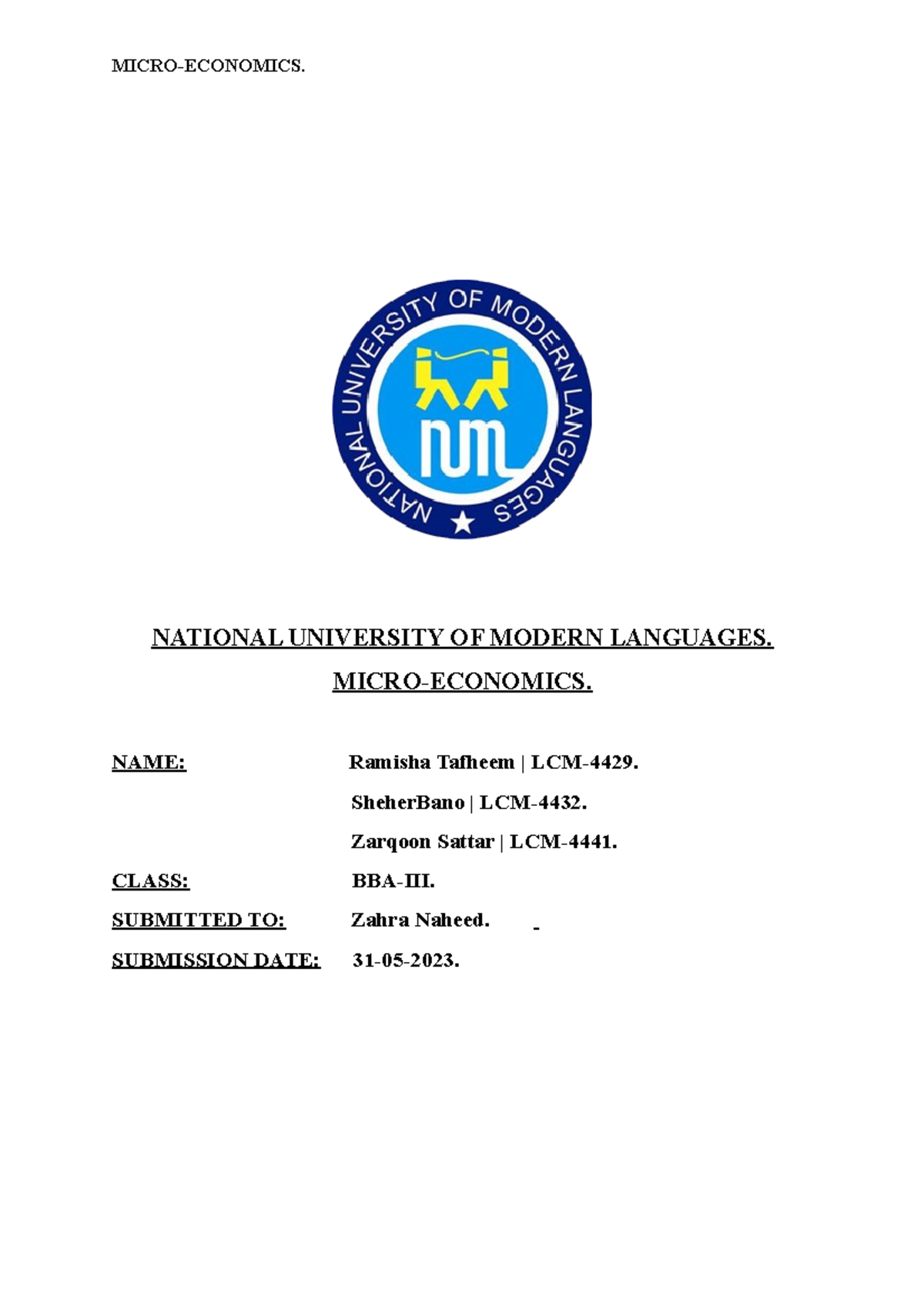 Micro economics project - MICRO-ECONOMICS. NATIONAL UNIVERSITY OF ...