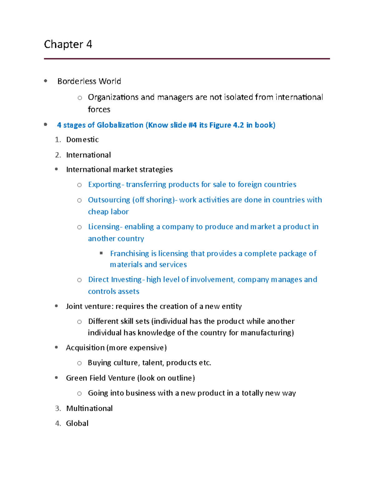 Chapter 4 - Notes - Chapter 4 Borderless World o Organizations and ...