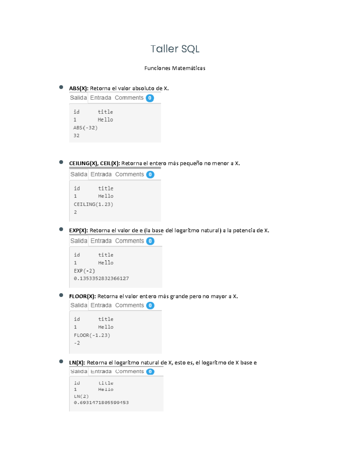 Taller SQL - Taller SQL Funciones Matemáticas • ABS(X): Retorna el ...