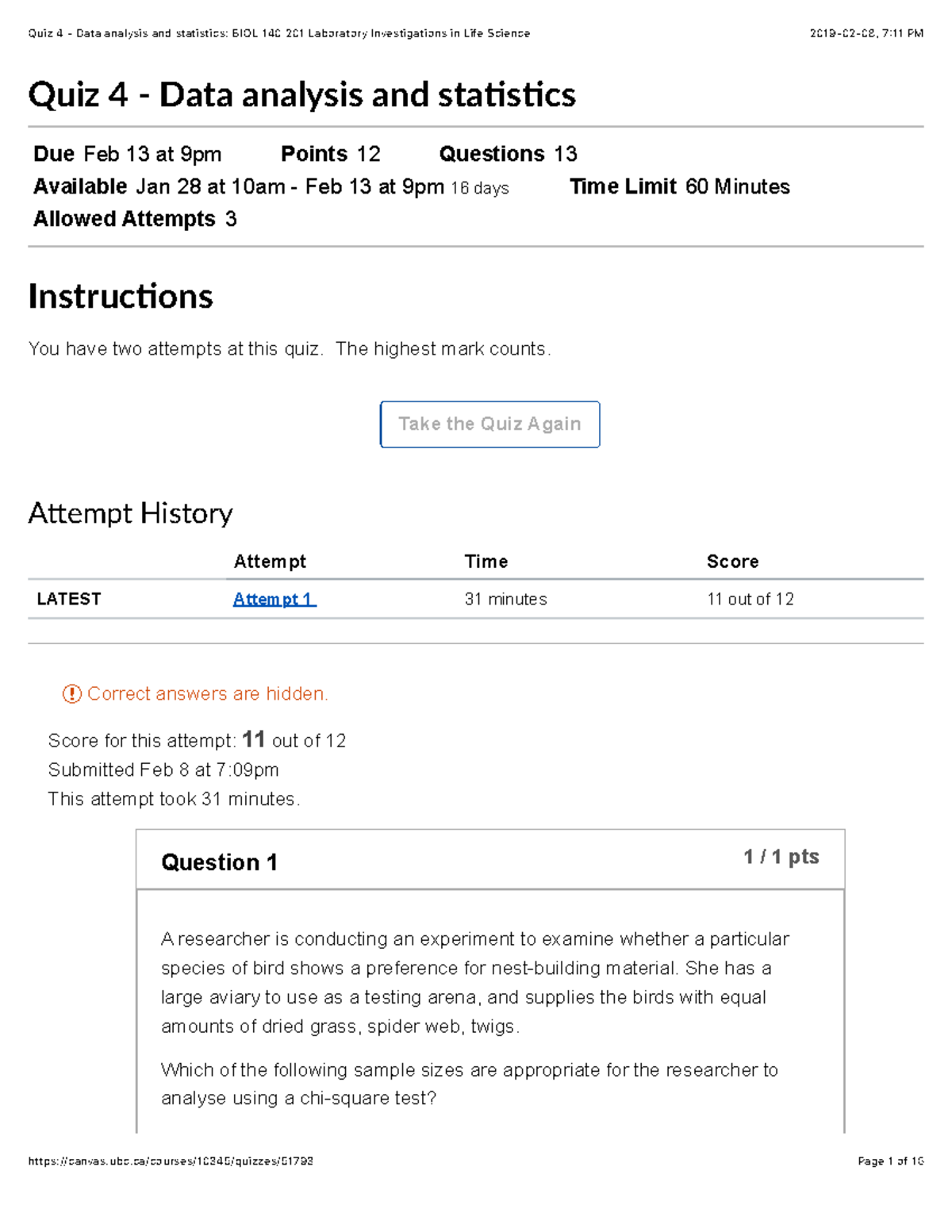 Quiz 4 (BIO140) - Quiz - Quiz 4 - Data analysis and sta!s!cs Due Feb 13 at 9pm Points 12 ...