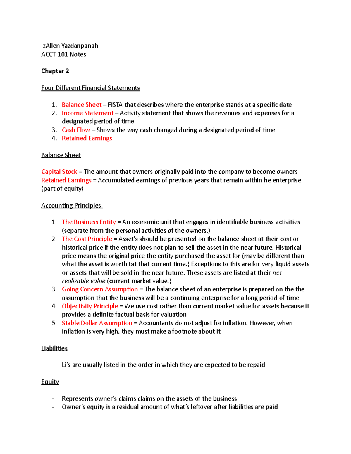 ACCT 101 Notes - zAllen Yazdanpanah ACCT 101 Notes Chapter 2 Four ...