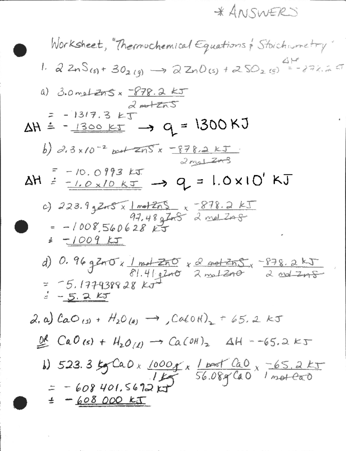 02- Worksheet Thermochemical Equations & Stoichiometry Answers (1 ...