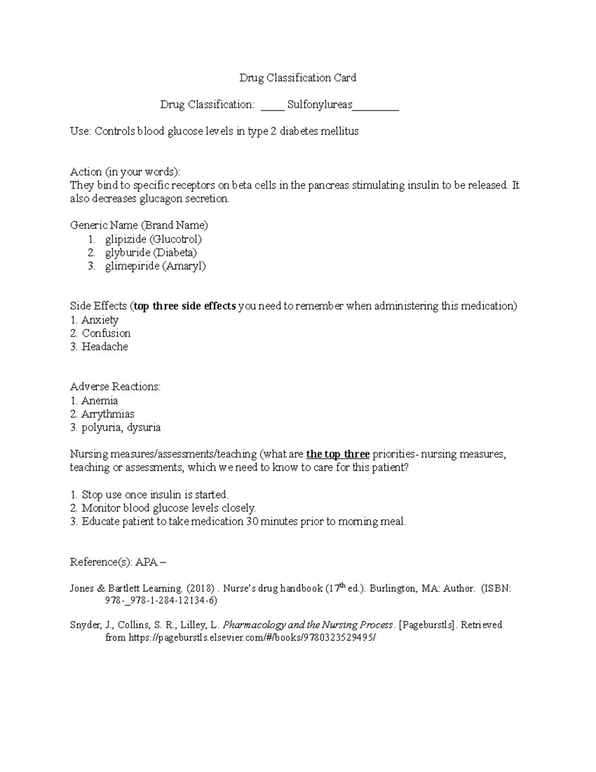 Drug Classification Card Sulfonylurea - Drug Classification Card Drug ...