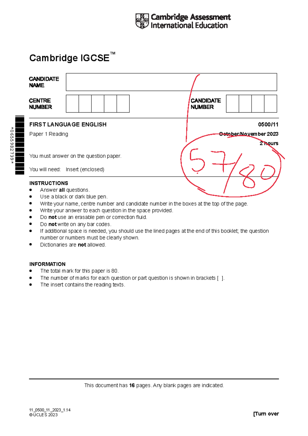 0500 w23 qp 11 - Cambridge IGCSE™ FIRST LANGUAGE ENGLISH 0500/ Paper 1 ...