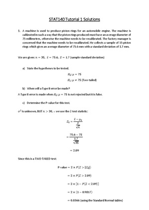 STAT140 Tutorial 8 Questions - STAT 140 Tutorial 8 Questions ( 2 December 2020 ) Suppose you ...