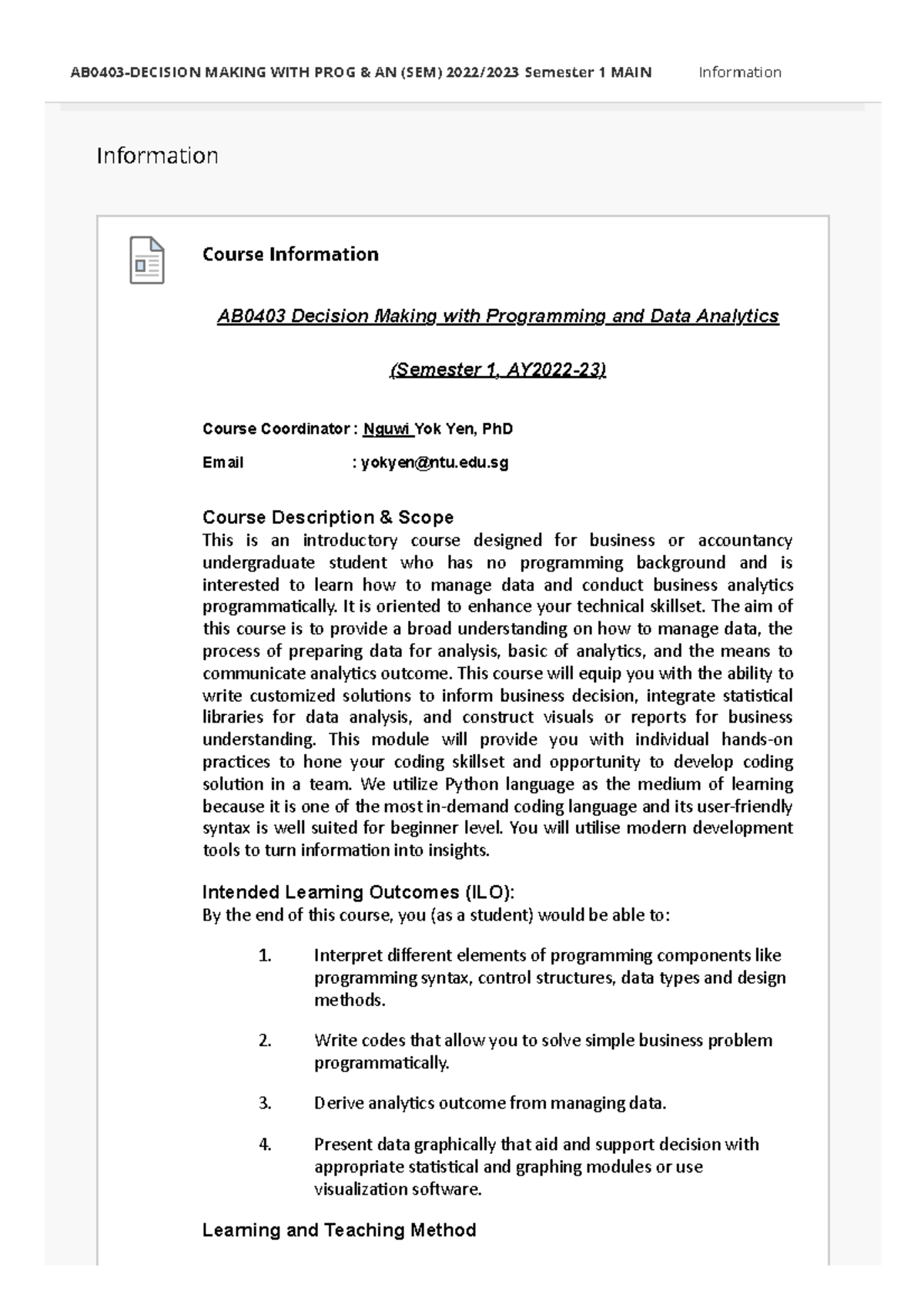 AB0403 Course Outline - AB0403-DECISION MAKING WITH PROG & AN (SEM) 2022/2023 Semester 1 MAIN ...