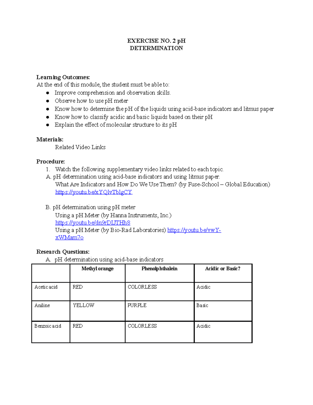Phcllab Exercise - none - EXERCISE NO. 2 pH DETERMINATION Learning ...