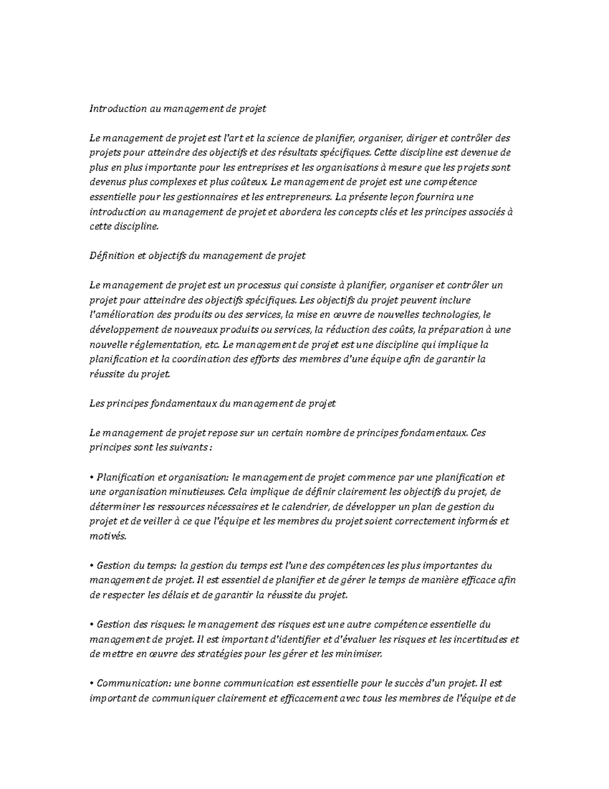 Project Management Study Notes - Introduction au management de projet ...