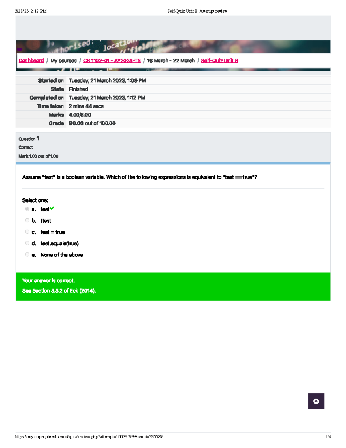 Self-Quiz Unit 8 Attempt review - Started on Tuesday, 21 March 2023 , 1 09 PM State Finished ...