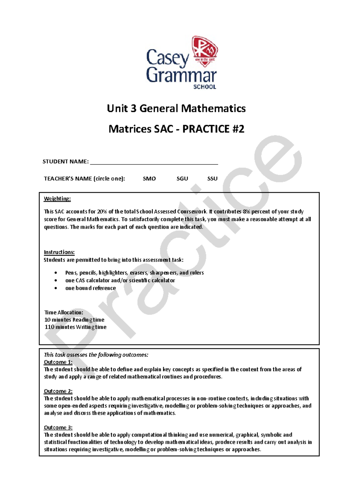 2022 Matrices Practice SAC - Unit 3 General Mathematics Matrices SAC ...
