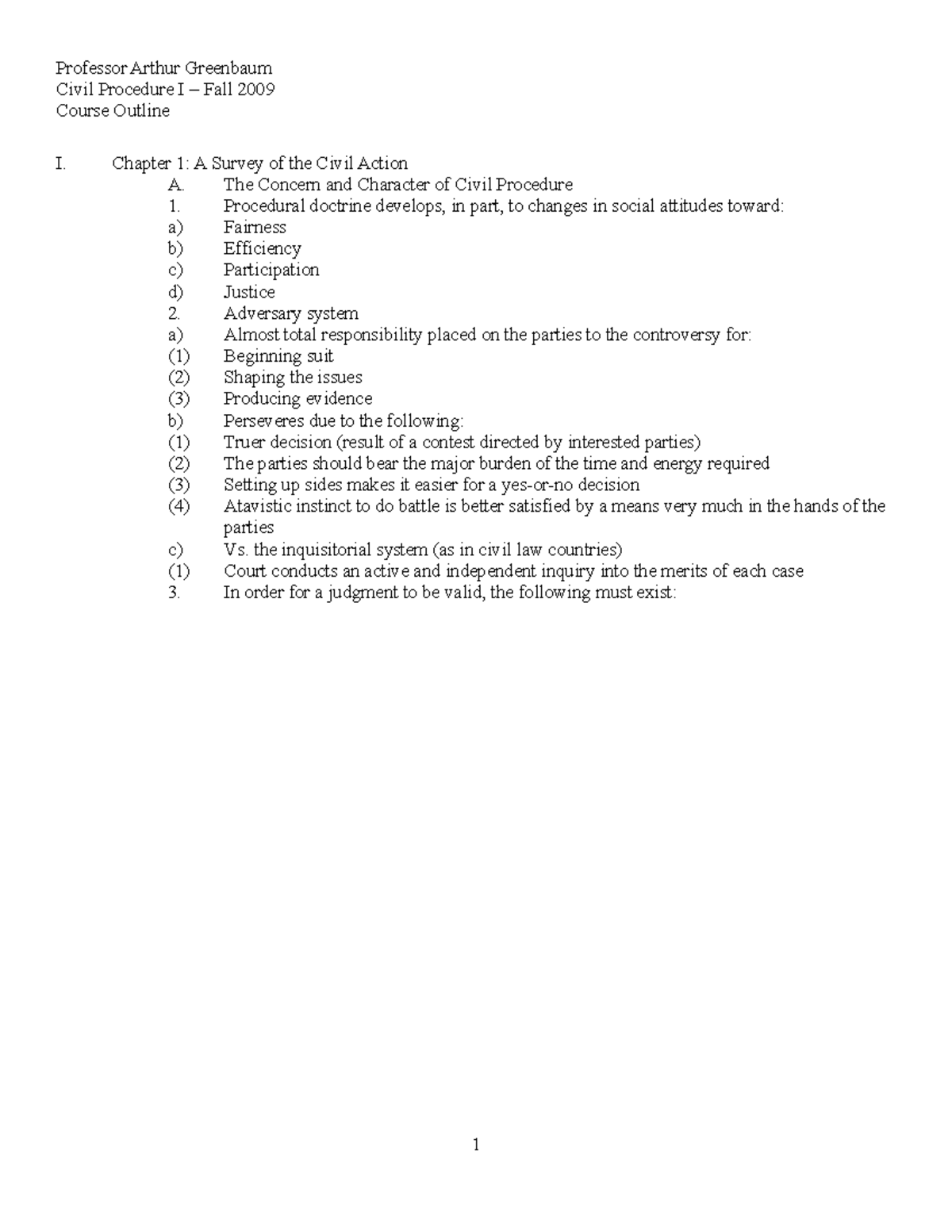 Civ Pro Greenbaum 2009 - outline - Professor Arthur Greenbaum Civil ...
