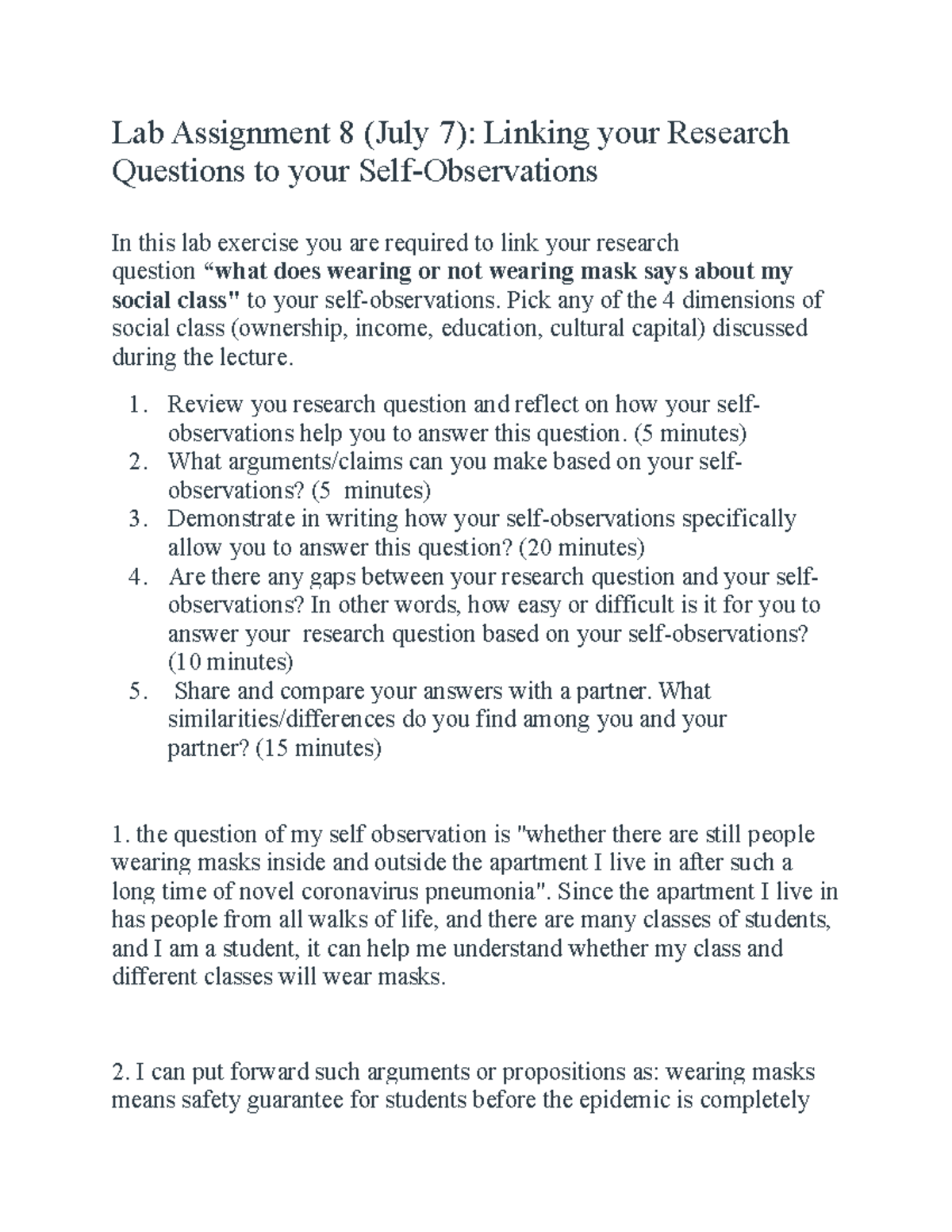 Lab Assignment 8 (July 7): Linking your Research Questions to your Self ...