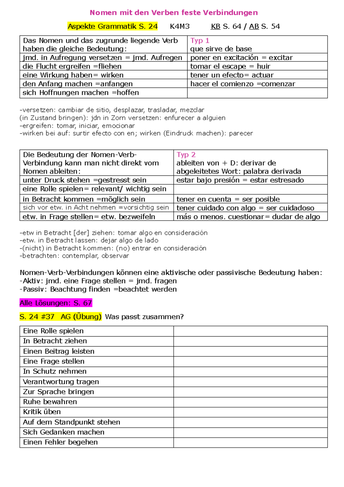 Nomen + Vb feste Verbindungen - Nomen mit den Verben feste Verbindungen ...