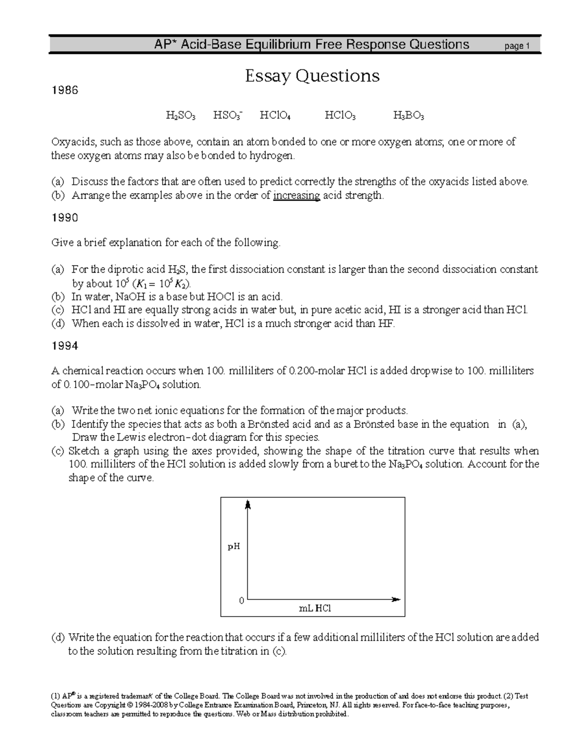 Acid-Base Equilibrium FR worksheet - (1) AP® is a registered trademarK ...