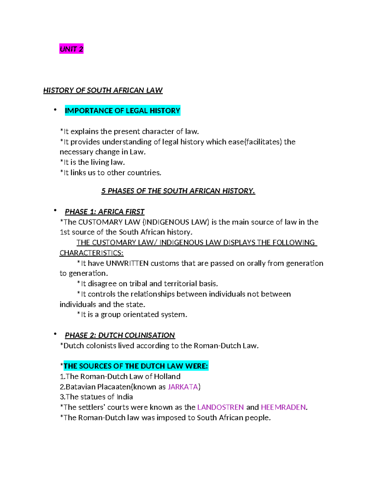 UNIT 2 & 3 INL100 - Summary Introduction to law 100 - UNIT 2 HISTORY OF ...