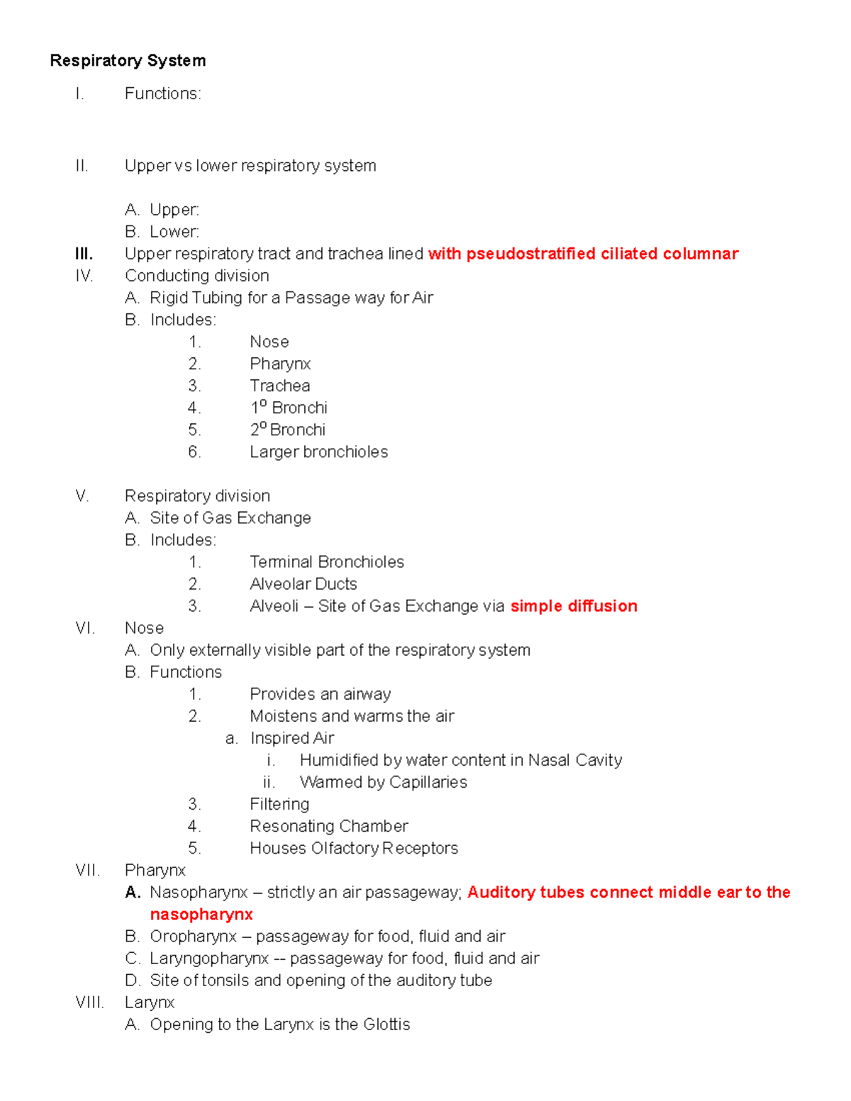 Respiratory System Supplemental Notes - Respiratory System I. Functions ...